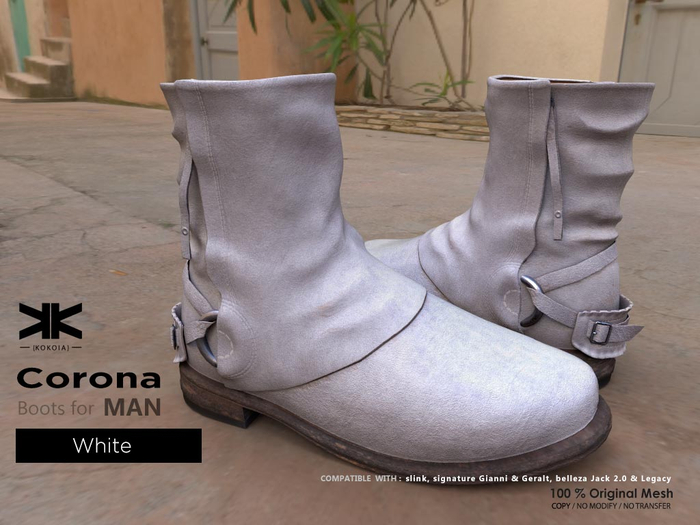Second Life Marketplace - Corona :: Male Boots :: White :: {kokoia}