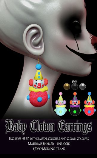 Second Life Marketplace - Spookshow - Baby Clown Earrings