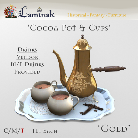 Second Life Marketplace - Laminak - Cocoa Pot and Drinks Vendor - Gold
