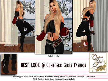Second Life Marketplace - !CGF-*Erika Red Black* Worn Black Jeans Outfit