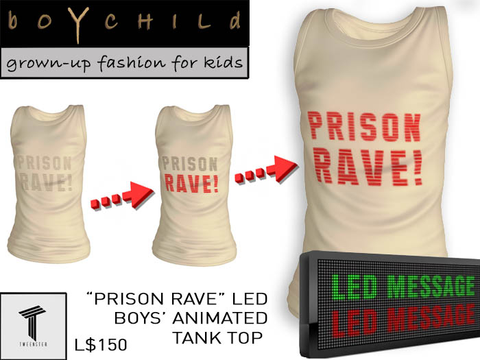 Second Life Marketplace - .:BC:. Boys' LED Tank 'Prison Rave' for Tweenster