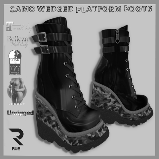 Second Life Marketplace - :: RUE :: Camo Wedged Platform Boot DEMO