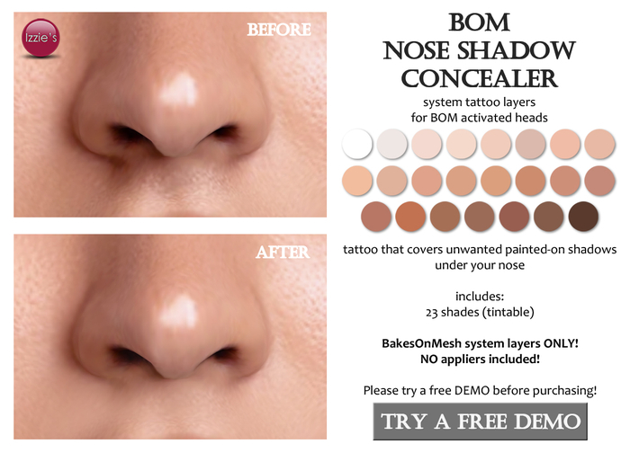 Second Life Marketplace - Izzie's - DEMO BOM Nose Shadow Concealer