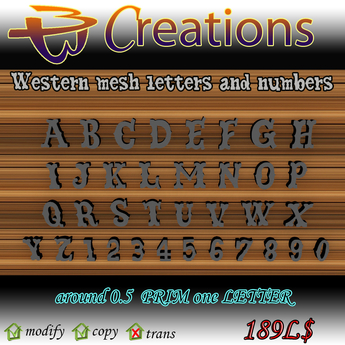 Second Life Marketplace - ! BW ! Western Mesh Font ( letters & numbers ...