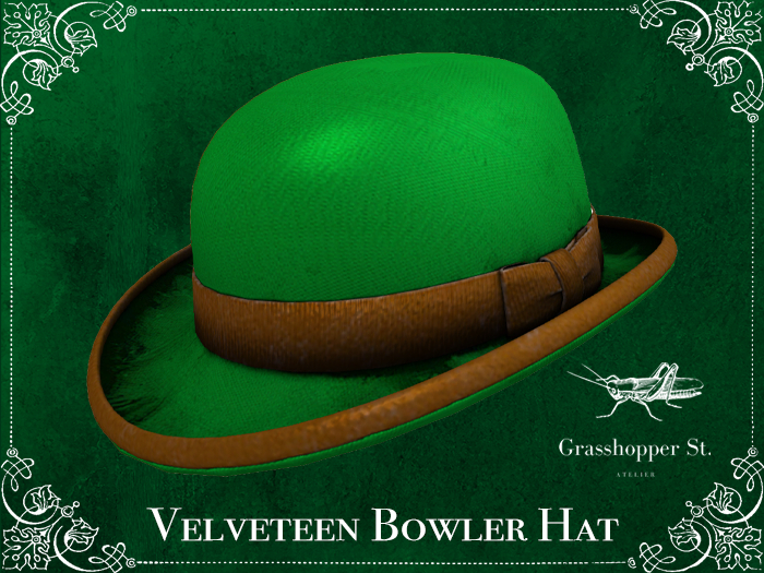 Second Life Marketplace - Grasshopper St Velveteen Bowler Hat - Kelly Green