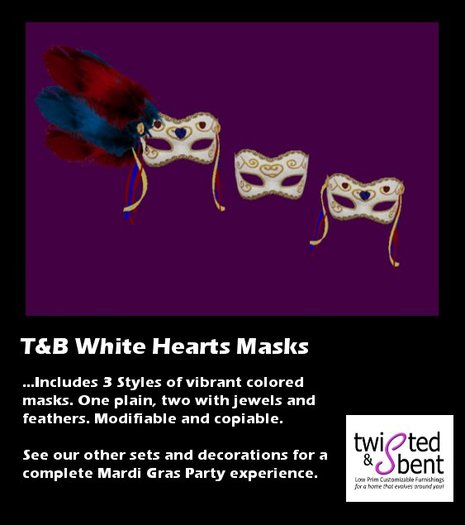 Second Life Marketplace - T&B White Heart Costume Masquerade Masks