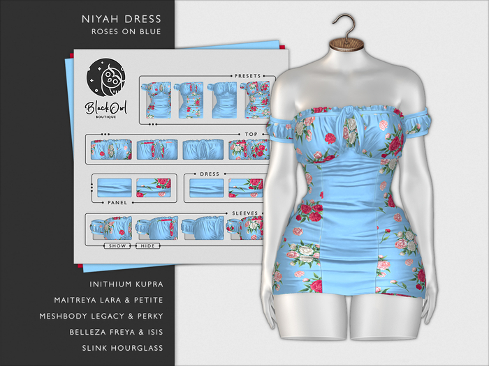 Second Life Marketplace - Black Owl - Niyah - Roses on Blue - Dress & HUD