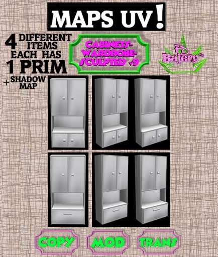 Second Life Marketplace - 4 CABINET - WARDROBE v9- 1 PRIM + MAPS UV ...