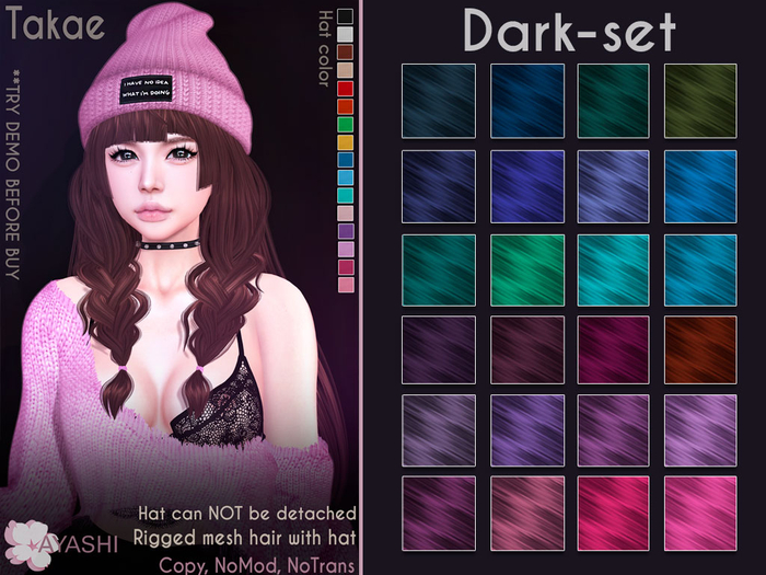 Second Life Marketplace - [^.^Ayashi^.^] Takae hair with hat-Dark set