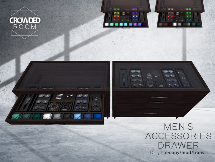 Second Life Marketplace - Crowded Room - Men Accessories Drawer - Wood