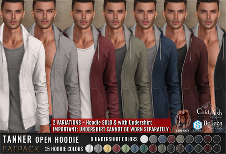 Second Life Marketplace - {COLD-ASH} Mens TANNER Open Hoodie (FatPack)