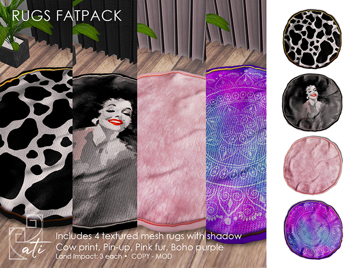 Second Life Marketplace - ati: Rugs FATPACK: Cow print rug, Pin-up rug ...