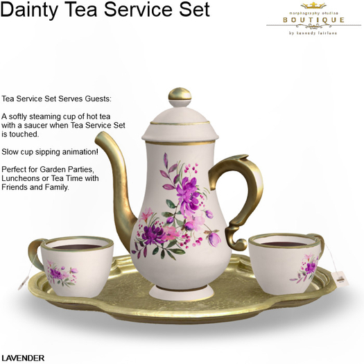Second Life Marketplace - Dainty Tea Pot and Tea Cup Service Set (LAVENDER)