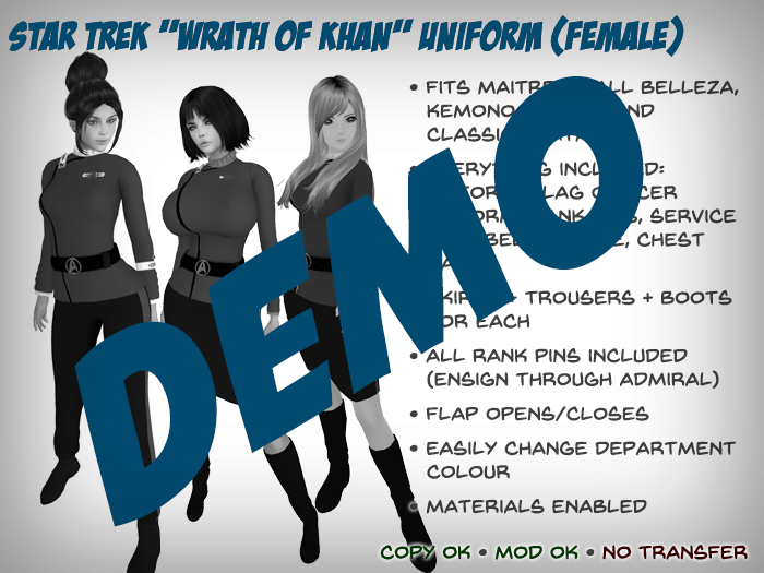 Second Life Marketplace - Star Trek WoK Uniform - Female - DEMO