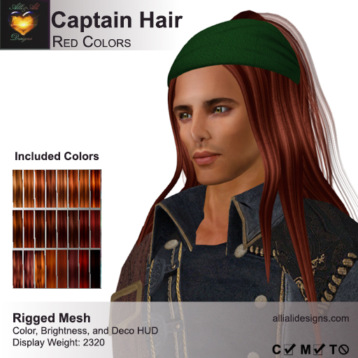 Second Life Marketplace - A&A Captain Hair Red Colors V2, long men's ...