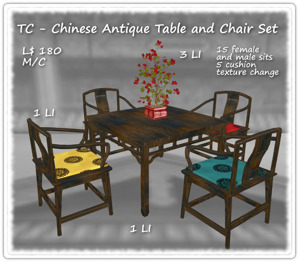 Second Life Marketplace - TC - Chinese Antique Table and Chair Set