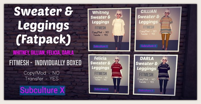 Second Life Marketplace - SUBCULTURE X - Sweater & Leggings (Fatpack)