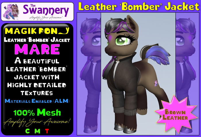 Second Life Marketplace - Magik Pony Mare - Leather Bomber Jacket (Brown)