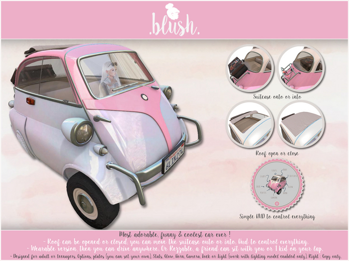 Second Life Marketplace - BLUSH - Cutiepie Car (Adults and Teenagers) Pearl