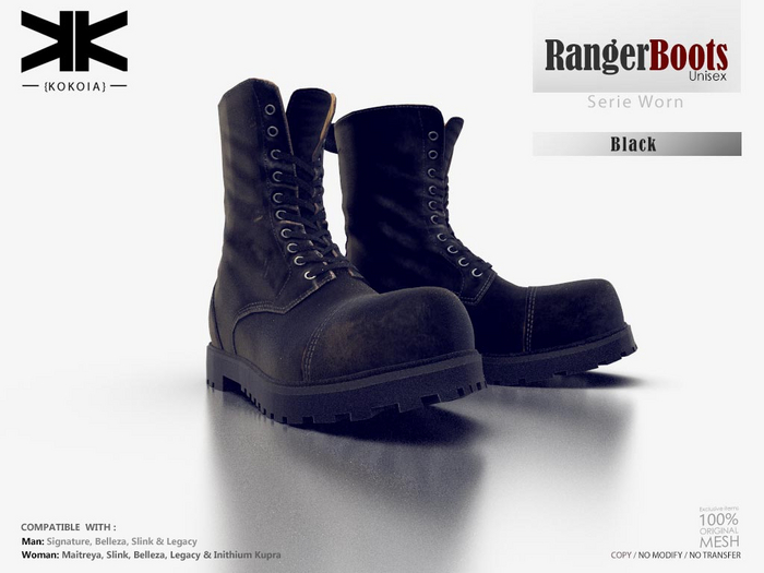 Second Life Marketplace - RangerBoots :: Unisex :: Black :: {kokoia}