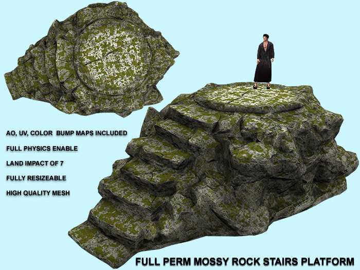 Second Life Marketplace - Full Perm Mossy Rock Stairs Platform