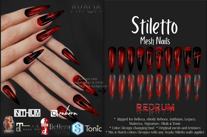 Second Life Marketplace - Avada~ Stiletto Nails - Redrum
