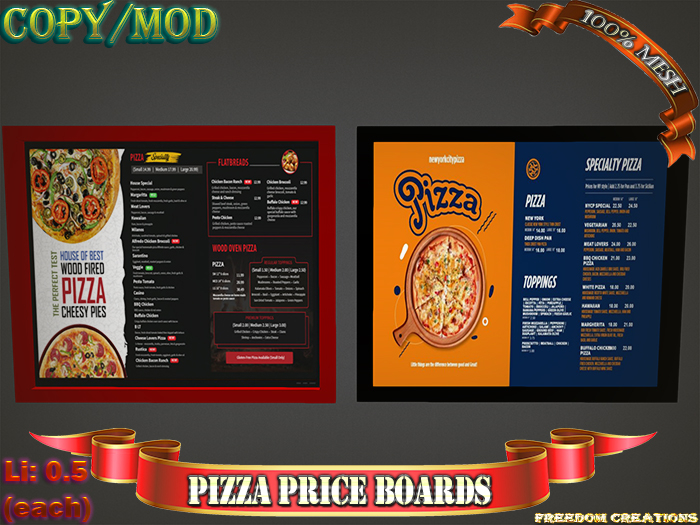 Second Life Marketplace - Pizza shop price boards-Freedom creations