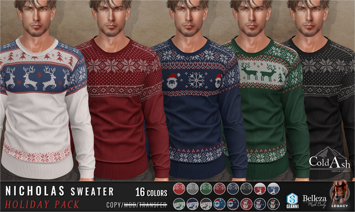Second Life Marketplace - {COLD-ASH} NICHOLAS Sweater (Holiday Pack ...
