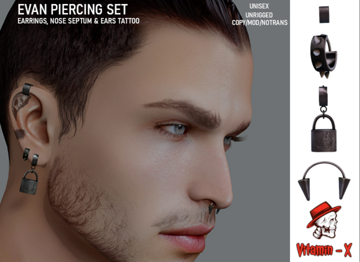 Second Life Marketplace - VX - Evan Ears Piercing Set Unisex With Ears ...