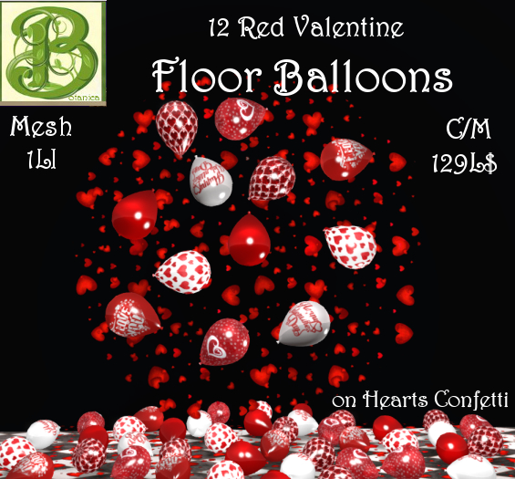 Second Life Marketplace - 12 Red Valentine Floor Balloons on Heart Confetti