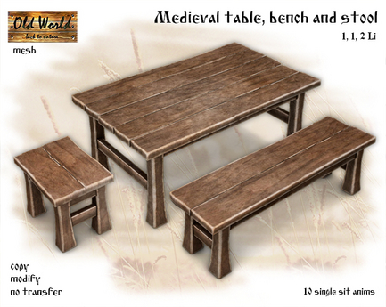 Second Life Marketplace - Medieval table, bench and stool