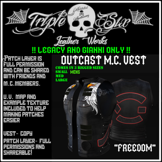 Second Life Marketplace - Outcast M.C. vest (FREEDOM) Triple Six ADD ME