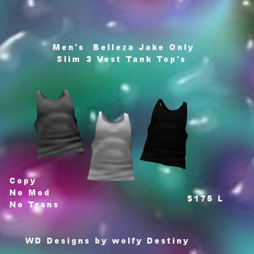 Second Life Marketplace - Men's Belleza Jake SLim 3 set Vest Tank Top's ...