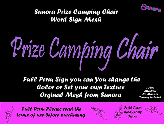 Second Life Marketplace - Sunora Prize Camping Chair Word Sign Mesh