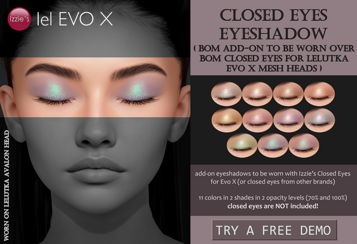 Second Life Marketplace - Izzie's - DEMO Closed Eyes Eyesh (add-on for ...