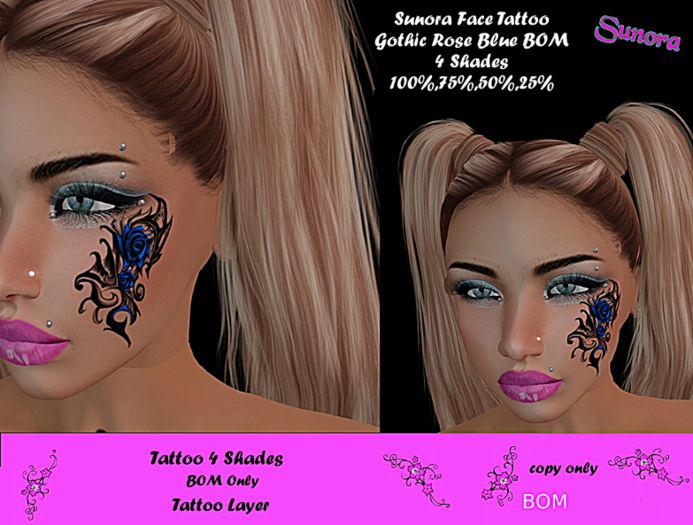 Second Life Marketplace - Sunora Face Tattoo Gothic Rose Blue BOM