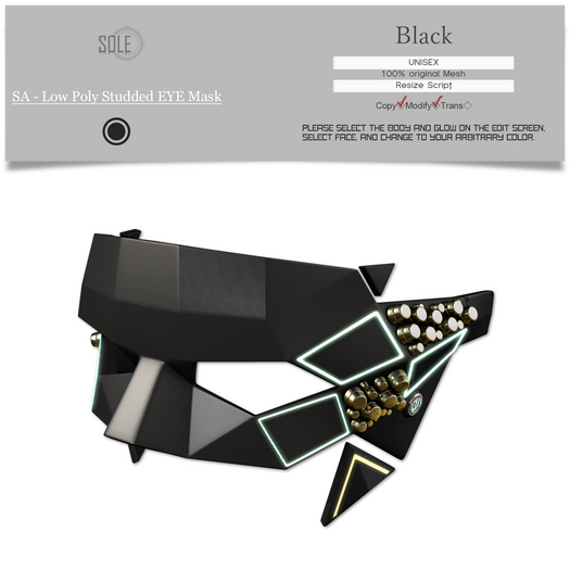 Second Life Marketplace - :::SOLE::: SA - Low Poly Studded EYE Mask (Black)