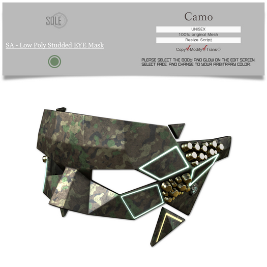Second Life Marketplace - :::SOLE::: SA - Low Poly Studded EYE Mask (Camo)