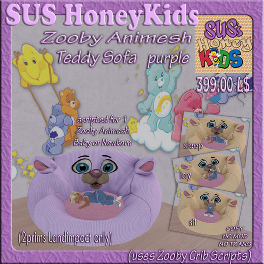 Second Life Marketplace - SUS HoneyKids Zooby Animesh Teddy Sofa purple Box