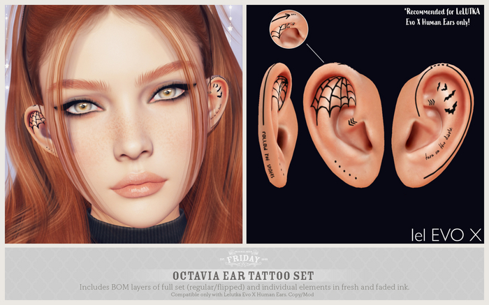 Second Life Marketplace - friday - Octavia Ear Tattoo Set (Demos)