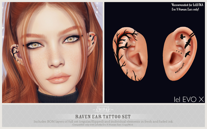 Second Life Marketplace - friday - Raven Ear Tattoo Set (Evo X Human Ears)
