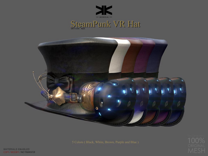 Second Life Marketplace - SteamPunk VR Hat :: 5 Colors :: {kokoia}