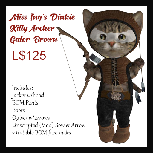 Second Life Marketplace - Miss Ing's Dinkie Kitty Archer Gator Brown