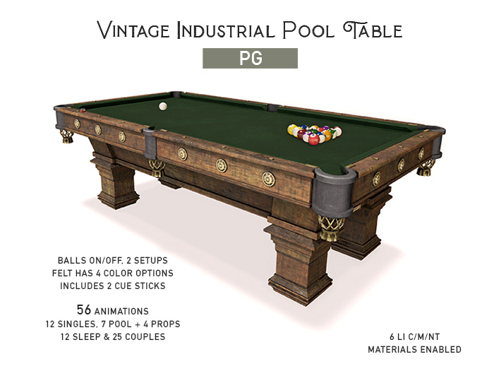 Second Life Marketplace - Muniick (PG) Vintage Industrial Pool Table