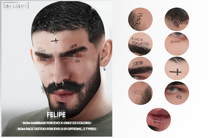 Second Life Marketplace - EGX. BOM Felipe Face Tattoo (EVO X)