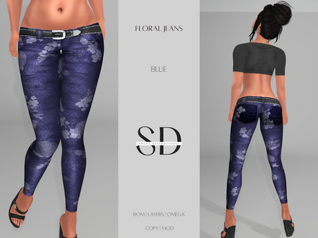 Second Life Marketplace - S/D Floral Jeans in Blue (BOM, Classic, Omega)