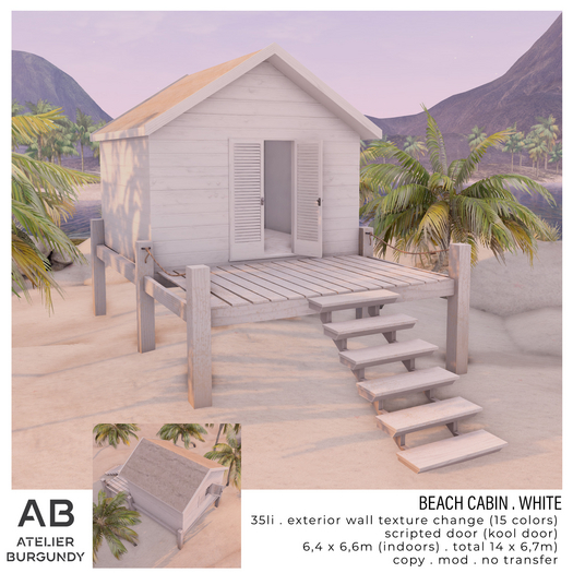 Second Life Marketplace - Atelier Burgundy . Beach Cabin White *ADD*