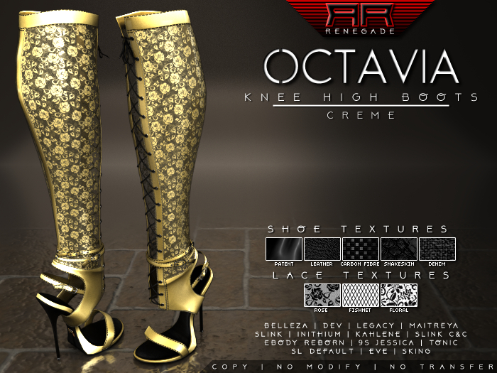 Second Life Marketplace - [Renegade] Octavia Lace Knee High Shoes - Creme