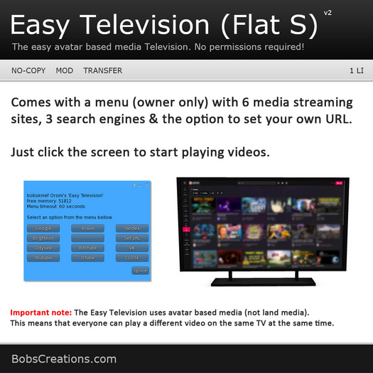 Second Life Marketplace - Easy Television V2 (Flat S)