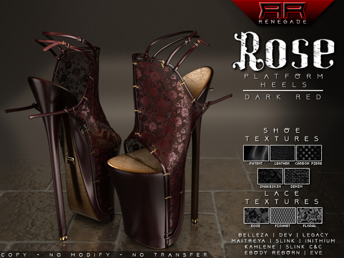 Second Life Marketplace - [Renegade] Rose Platform Heels - Dark Red